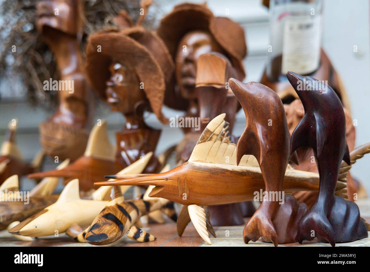 Wooden street crafts sold on the island of New Providence, The Bahamas ...