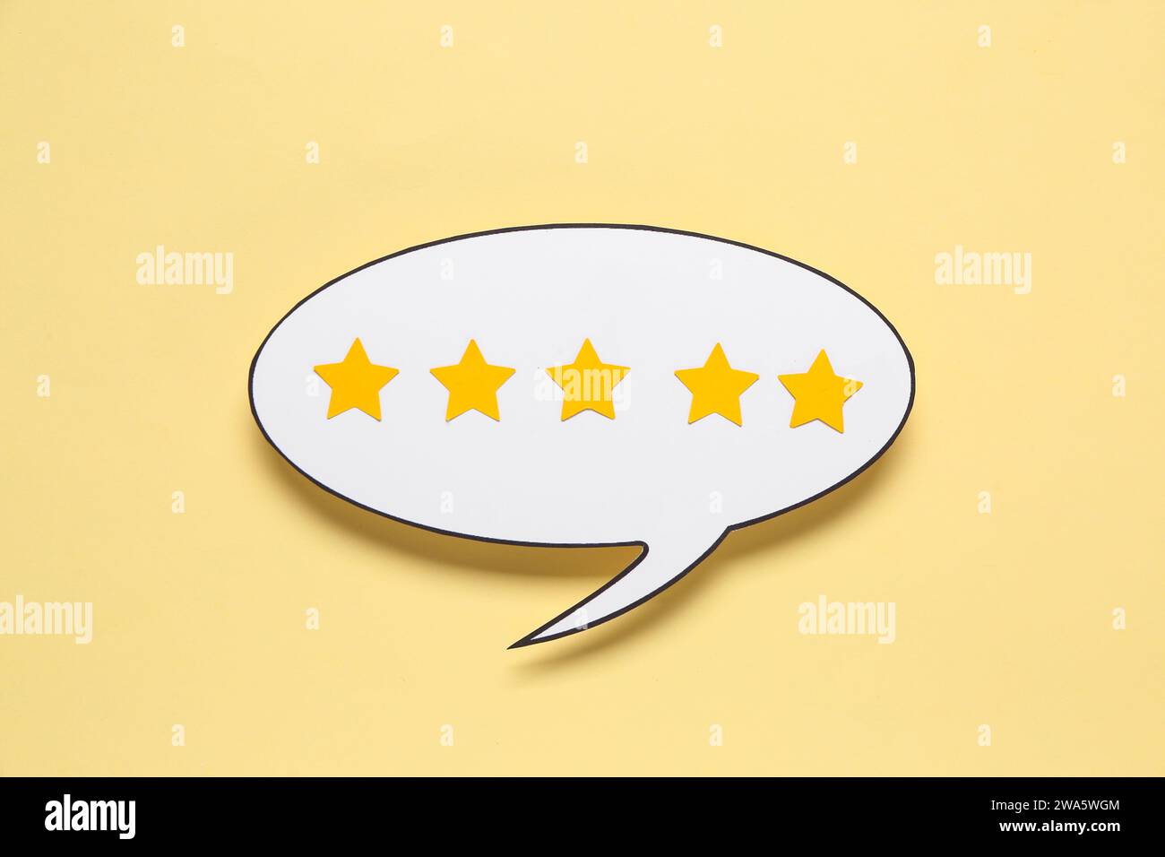 Speech bubble with five stars rating on yellow background. Customer ...