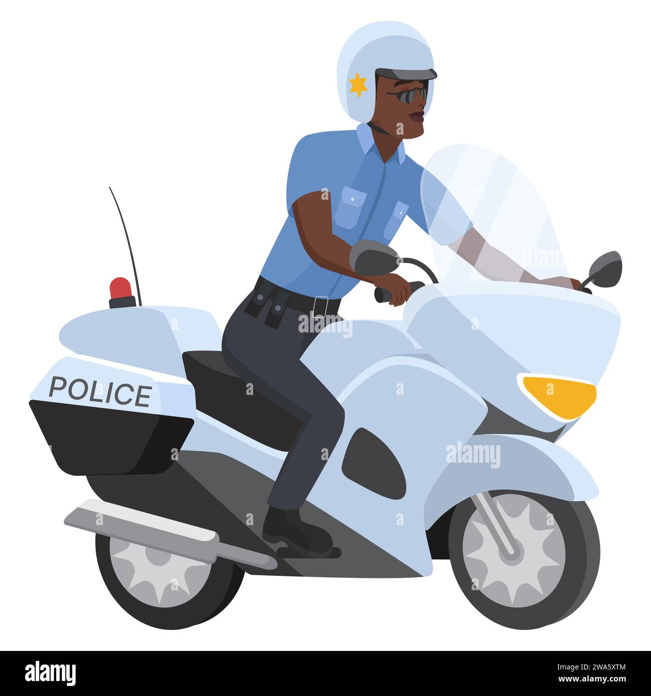 Front view of black policeman on motorbike. Police officer on ...