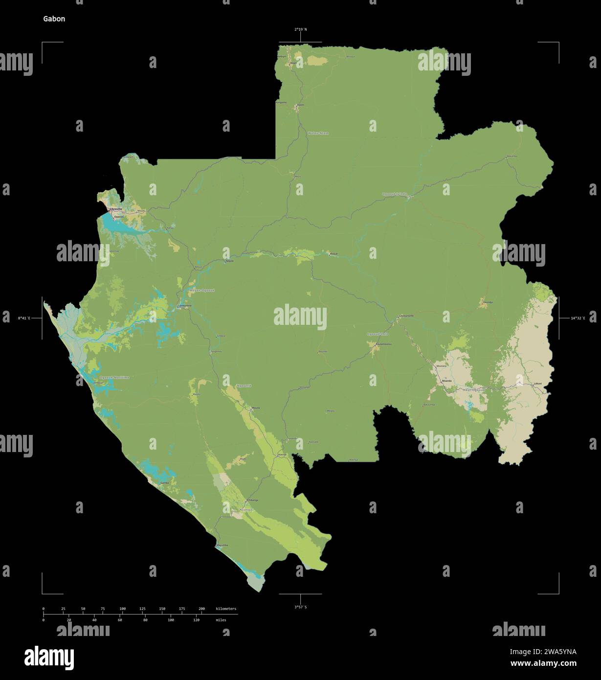 Shape of a topographic, OSM Humanitarian style map of the Gabon, with ...