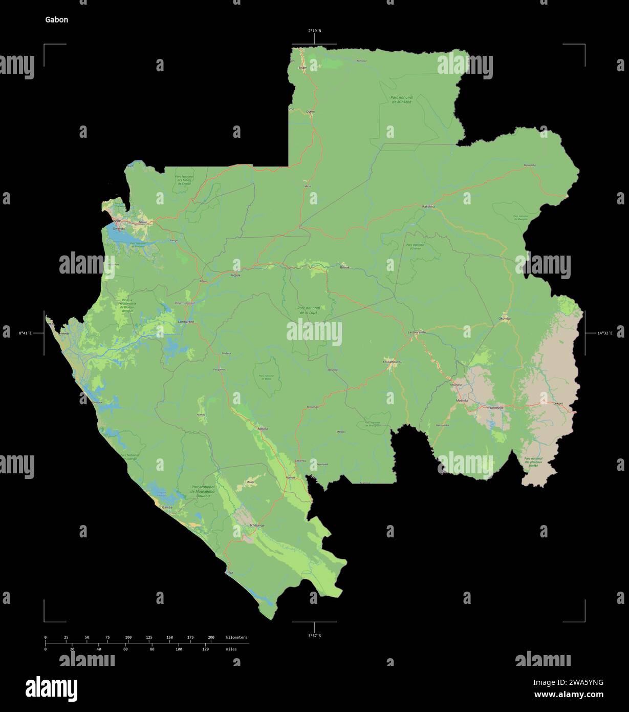 Shape of a topographic, OSM standard style map of the Gabon, with ...
