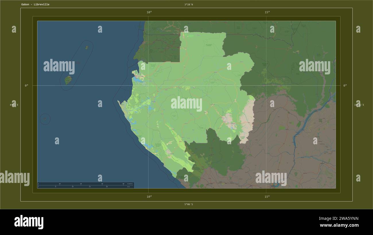Gabon highlighted on a topographic, OSM standard style map map with the ...