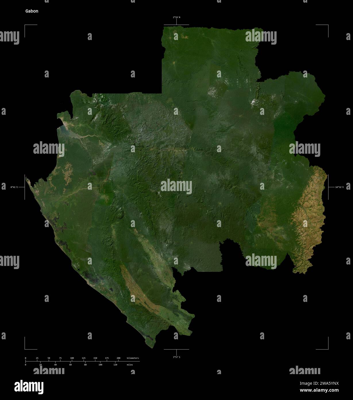 Shape of a low resolution satellite map of the Gabon, with distance ...