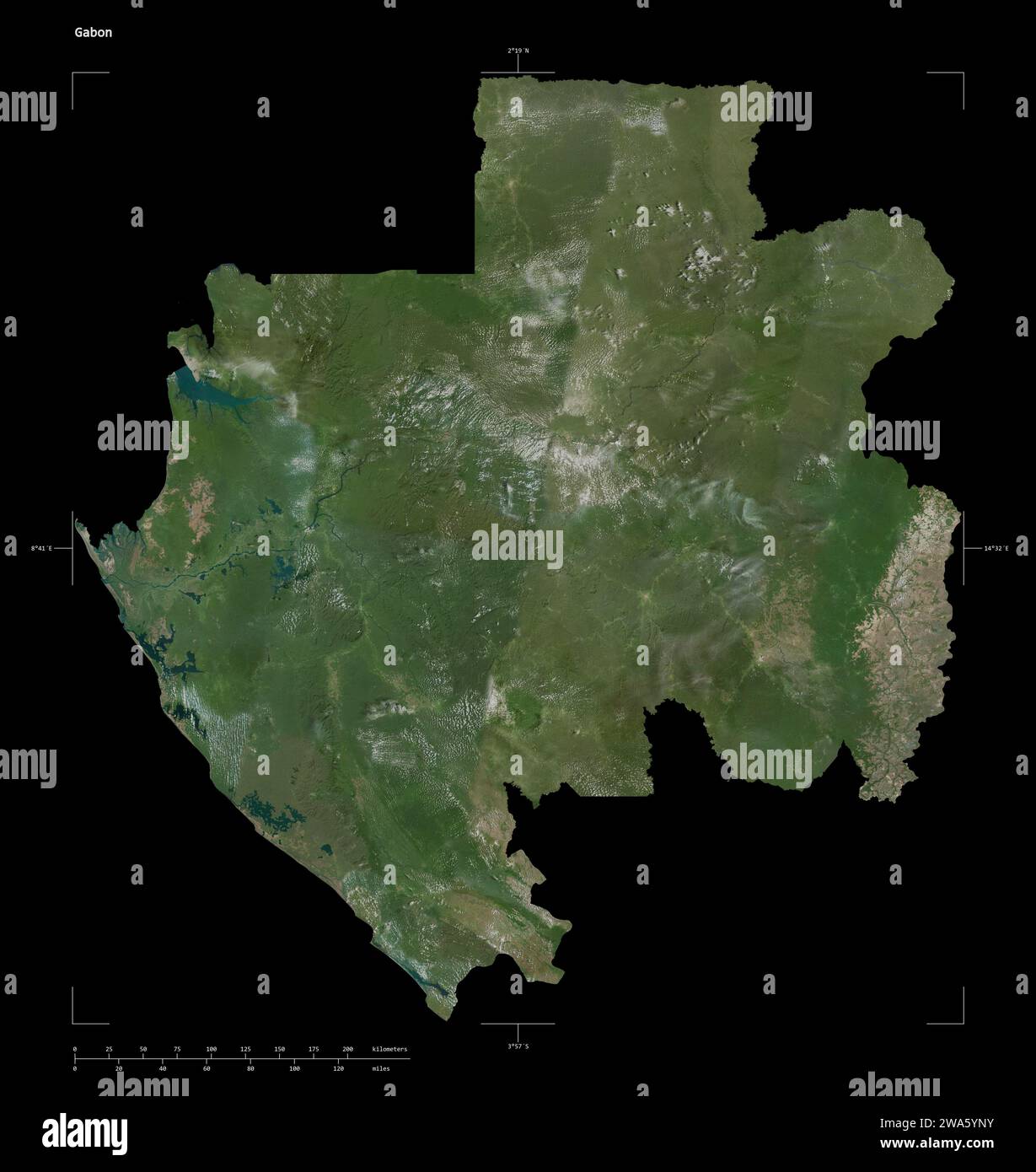 Shape of a high resolution satellite map of the Gabon, with distance ...