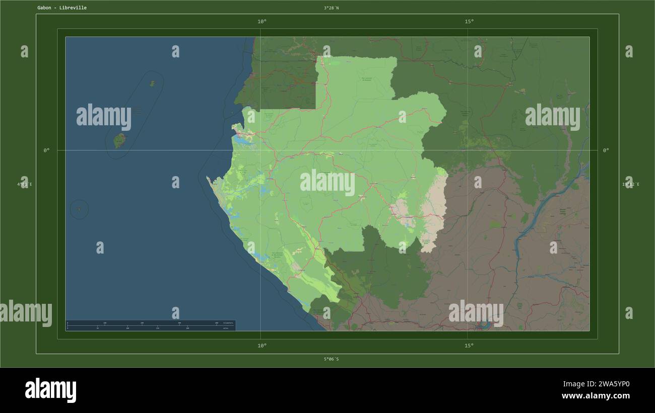 Gabon highlighted on a topographic, OSM Germany style map map with the ...
