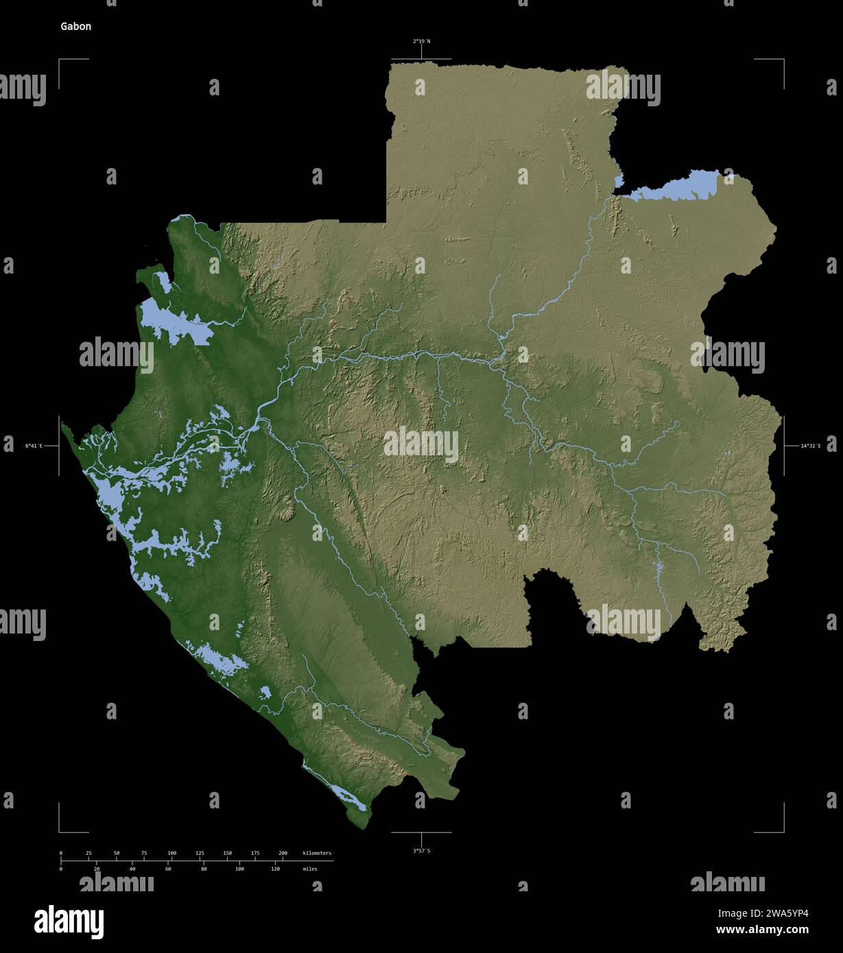 Shape of a Pale colored elevation map with lakes and rivers of the Gabon, with distance scale ...