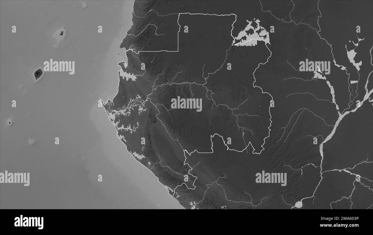 Gabon outlined on a Grayscale elevation map with lakes and rivers Stock ...