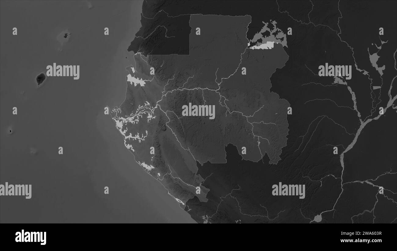 Gabon highlighted on a Grayscale elevation map with lakes and rivers ...