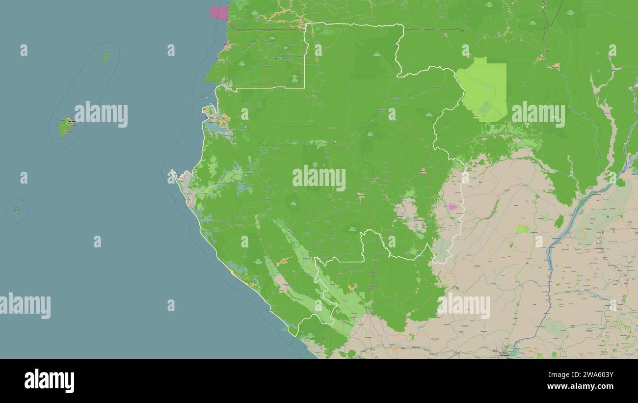 Gabon outlined on a topographic, OSM France style map Stock Photo - Alamy