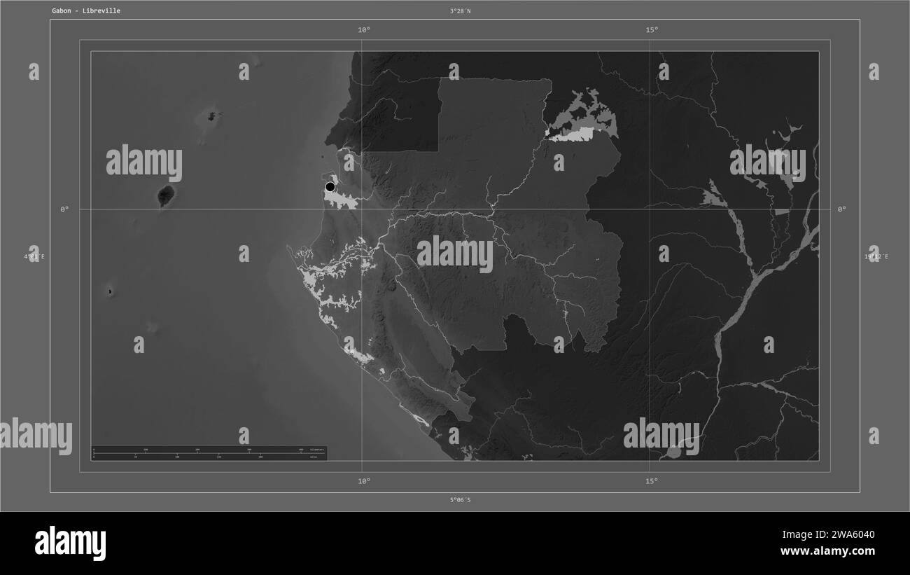 Gabon highlighted on a Grayscale elevation map with lakes and rivers ...