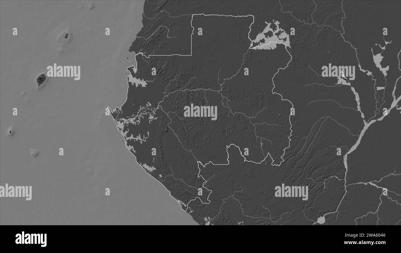 Gabon outlined on a Bilevel elevation map with lakes and rivers Stock ...