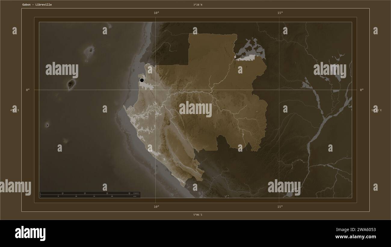 Gabon highlighted on a elevation map colored in sepia tones with lakes ...
