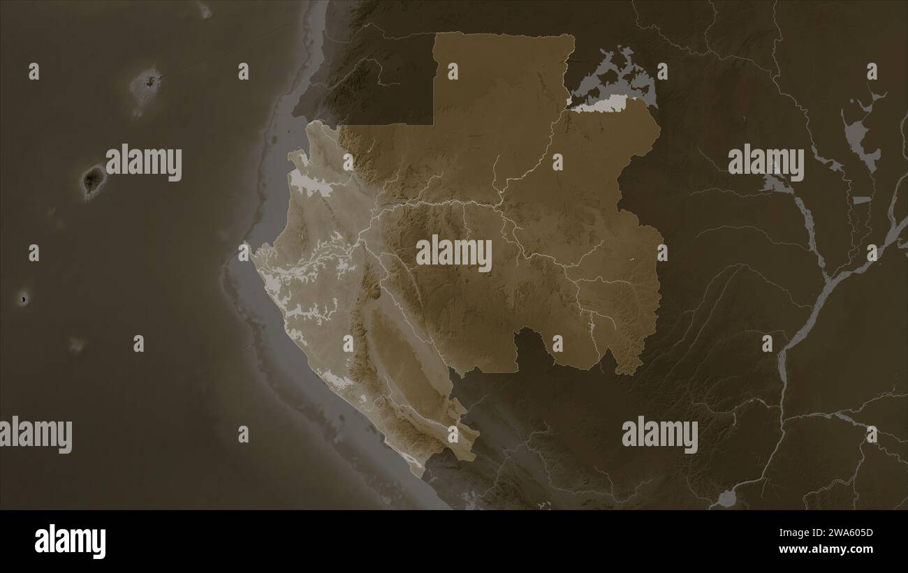 Gabon highlighted on a elevation map colored in sepia tones with lakes ...