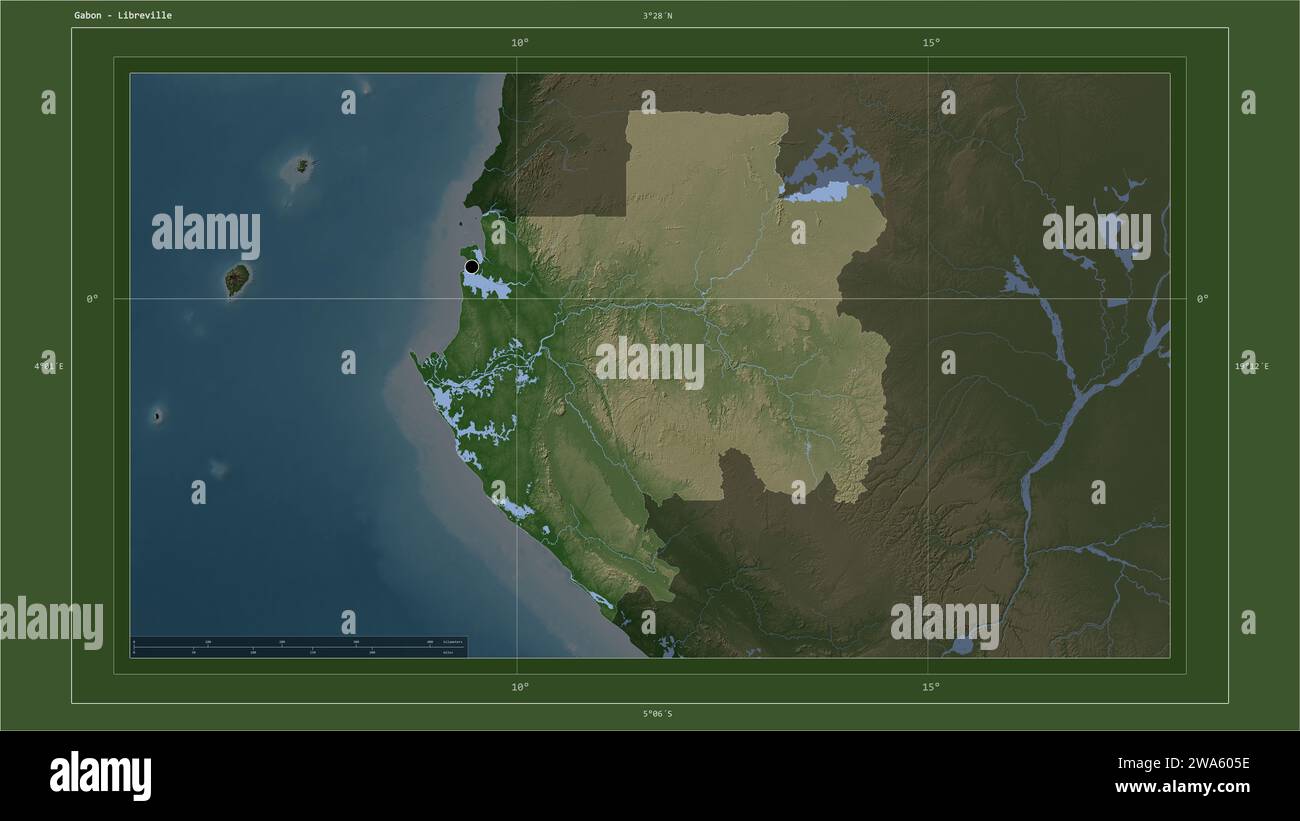 Gabon highlighted on a Pale colored elevation map with lakes and rivers map with the country's ...
