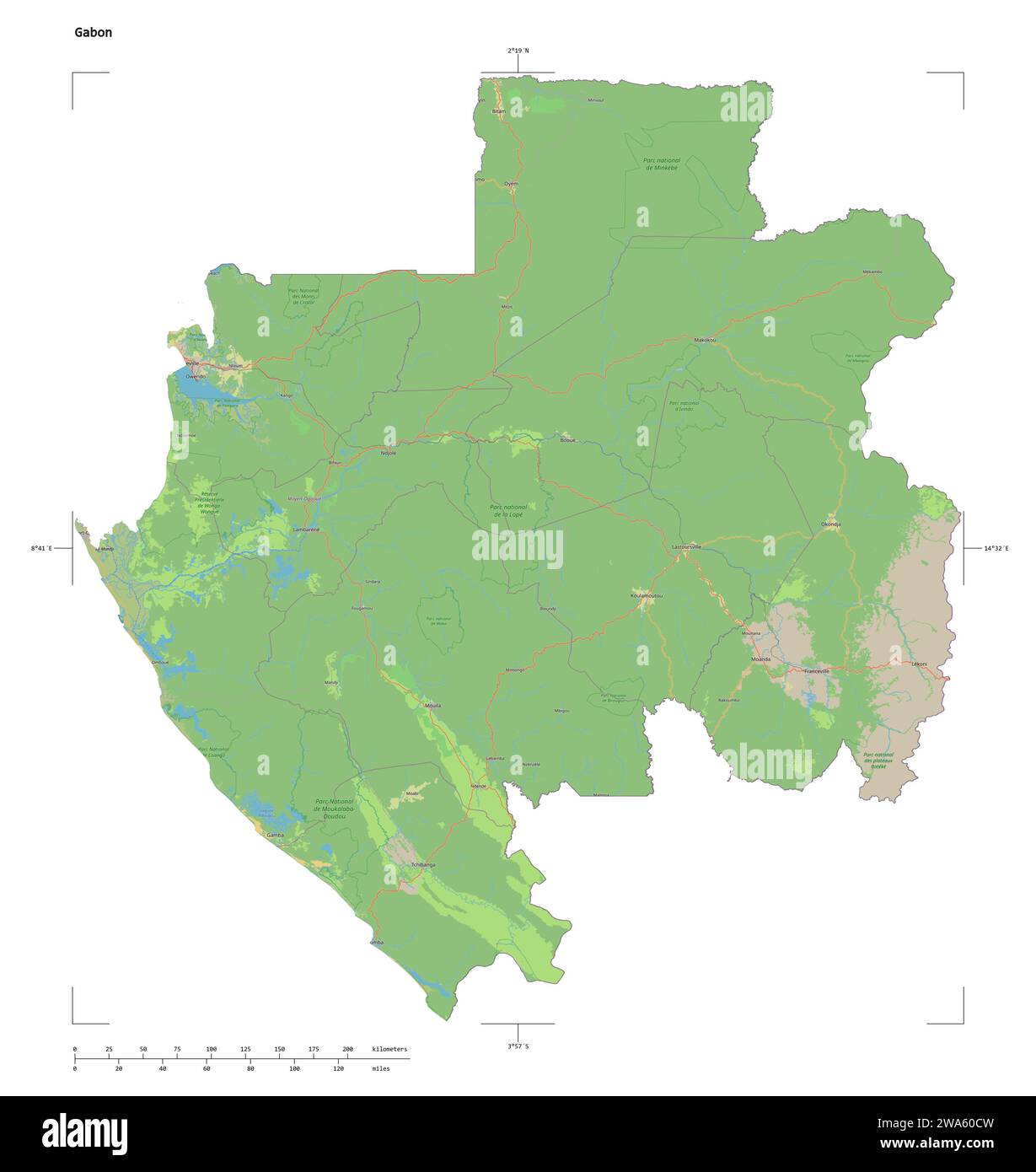 Shape of a topographic, OSM standard style map of the Gabon, with ...