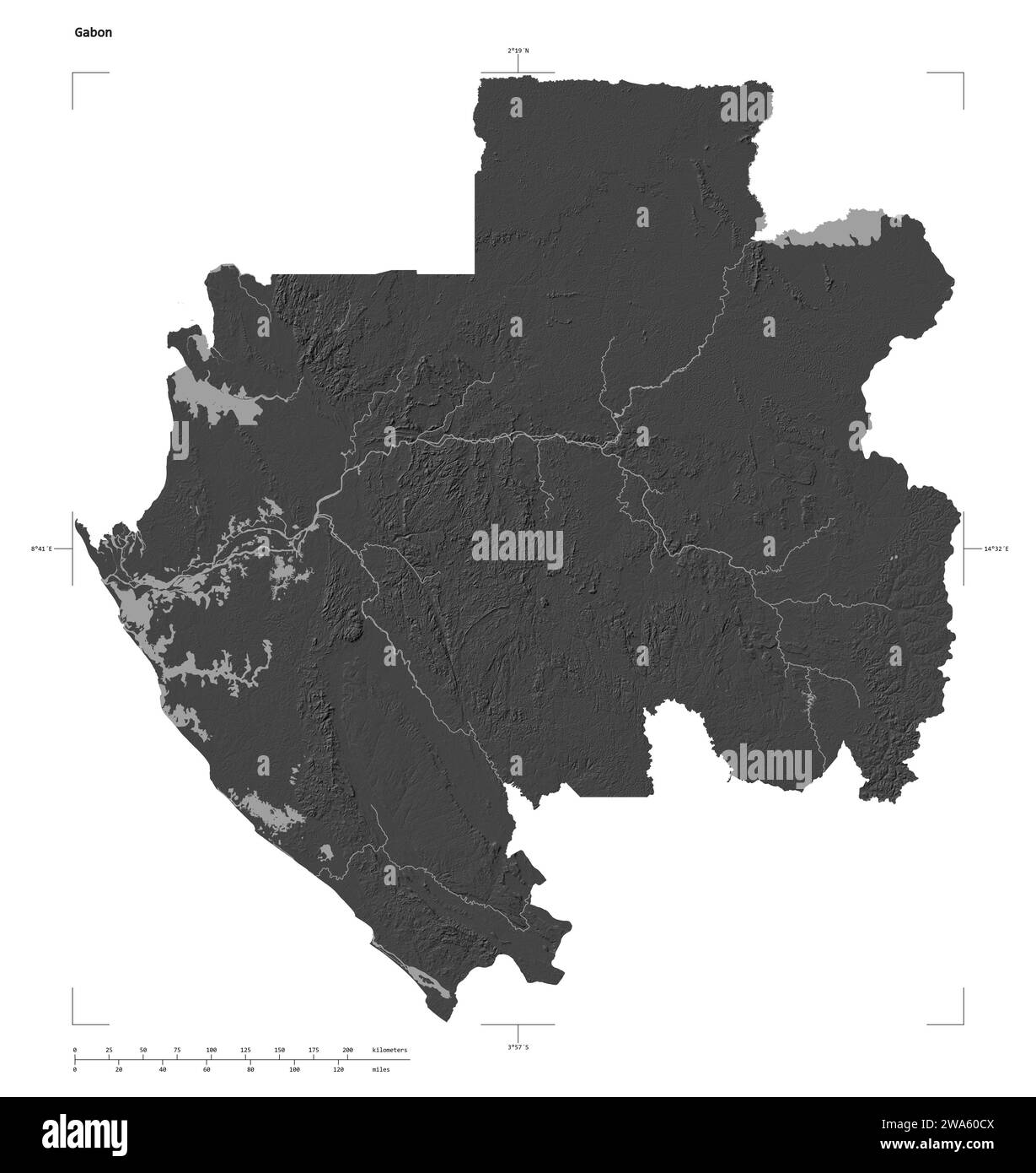 Shape of a Bilevel elevation map with lakes and rivers of the Gabon ...