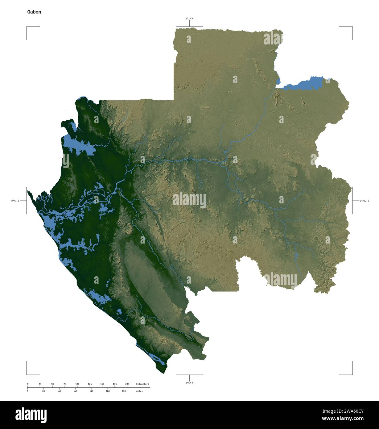 Shape of a Colored elevation map with lakes and rivers of the Gabon ...
