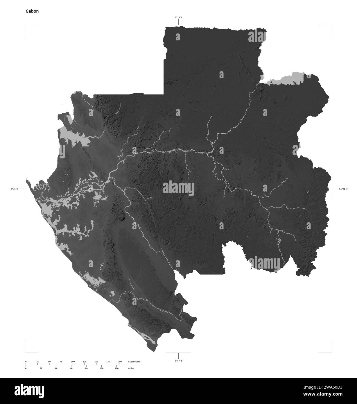 Shape of a Grayscale elevation map with lakes and rivers of the Gabon, with distance scale and ...