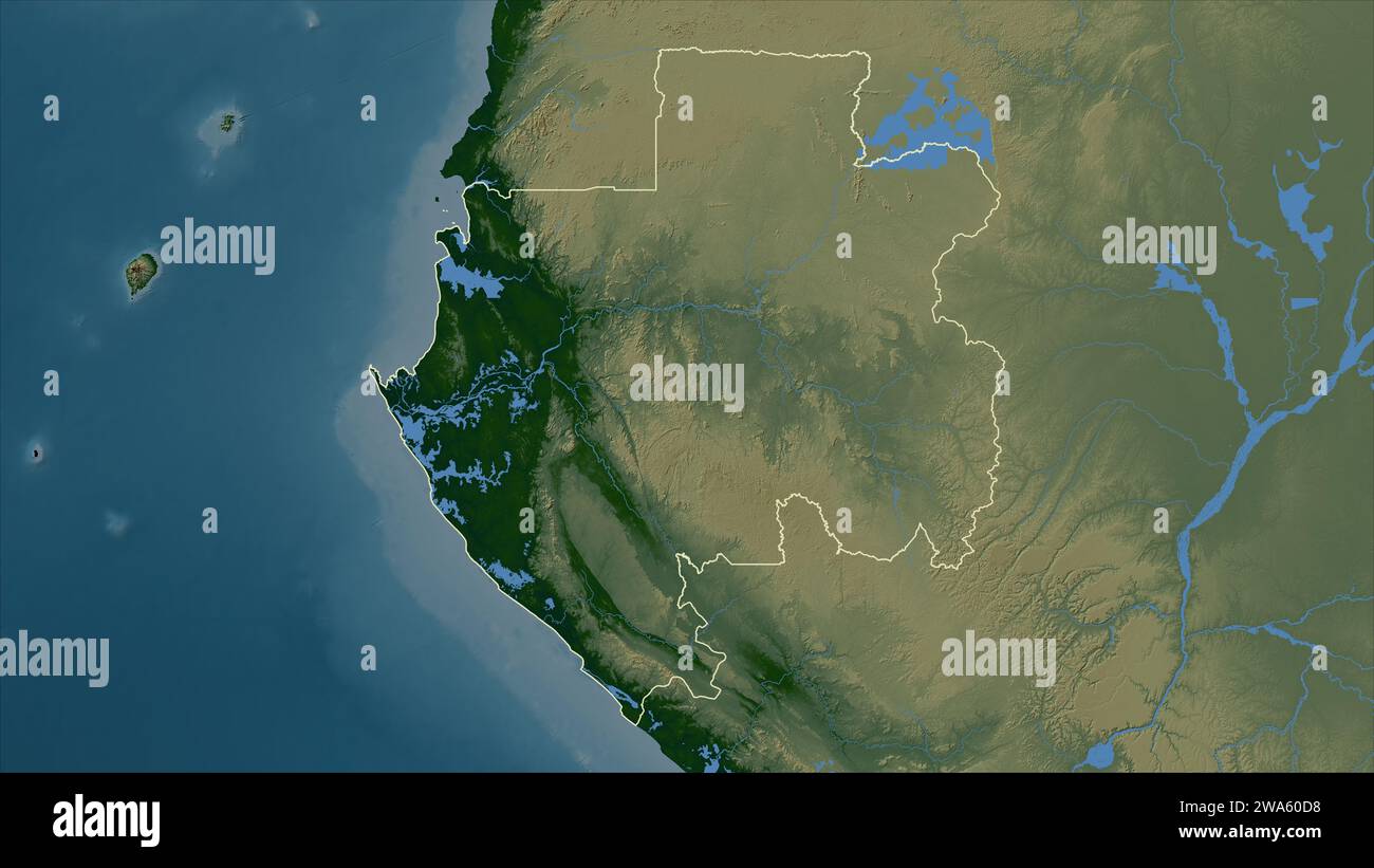 Gabon outlined on a Colored elevation map with lakes and rivers Stock ...