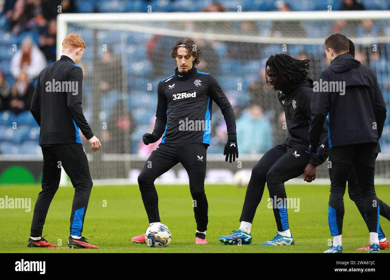 New Rangers signing Fabio Silva warming up before the cinch Premiership ...