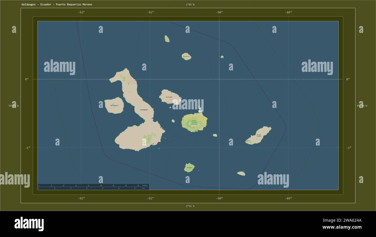 Galapagos - Ecuador highlighted on a topographic, OSM standard style ...