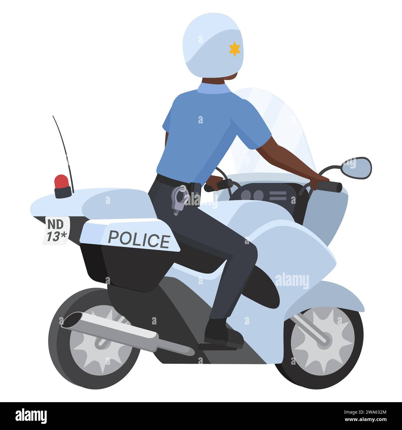 Back view of black policeman on motorbike. Police officer on motorcycle ...