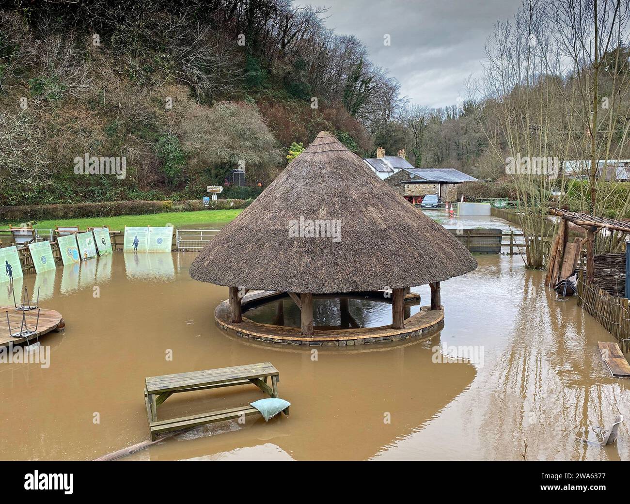 Swansea, UK. 02nd Jan, 2024. An Iron Age roundhouse is flooded outside ...
