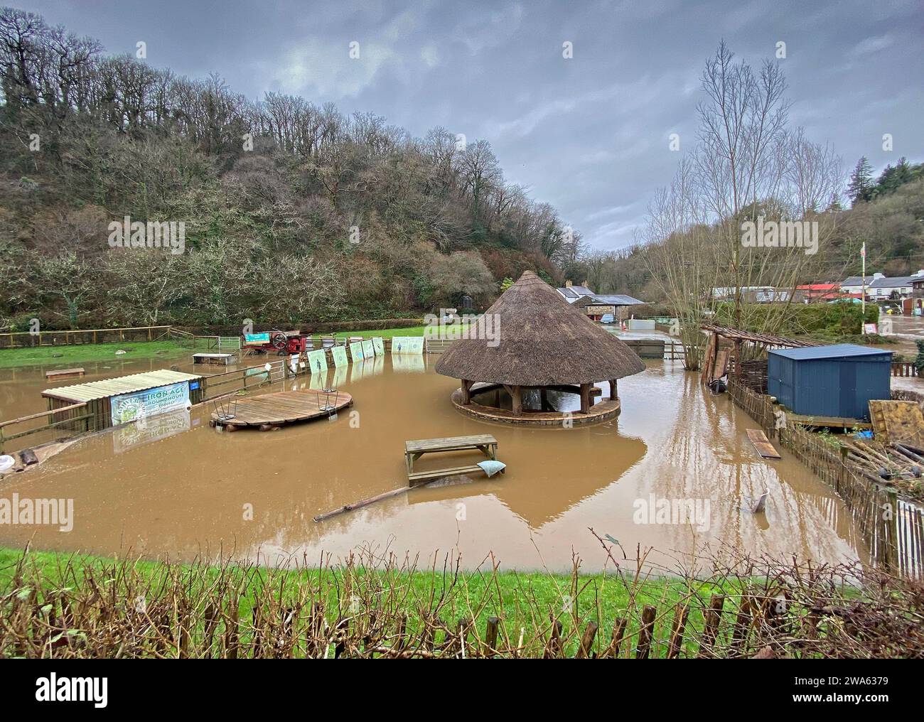 Swansea, UK. 02nd Jan, 2024. An Iron Age roundhouse is flooded at the ...