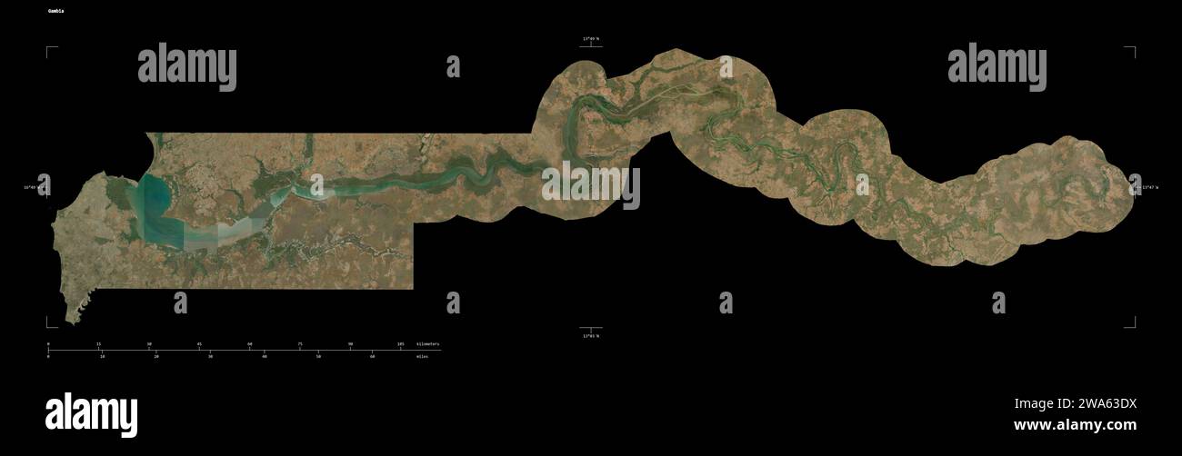 Shape of a high resolution satellite map of the Gambia, with distance scale and map border ...