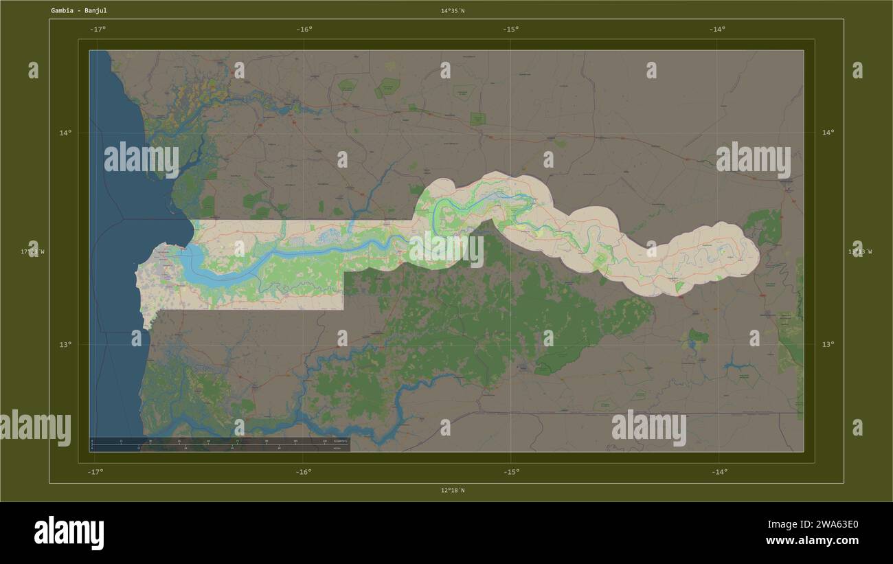 Gambia highlighted on a topographic, OSM standard style map map with ...