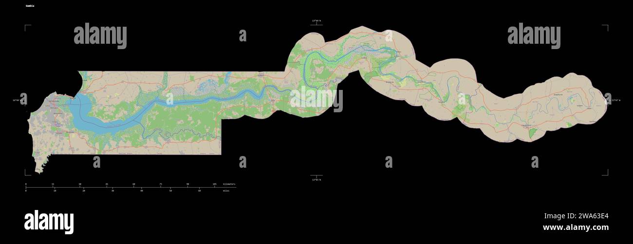 Shape of a topographic, OSM standard style map of the Gambia, with ...