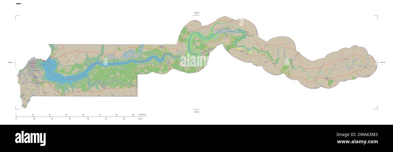 Shape of a topographic, OSM standard style map of the Gambia, with ...