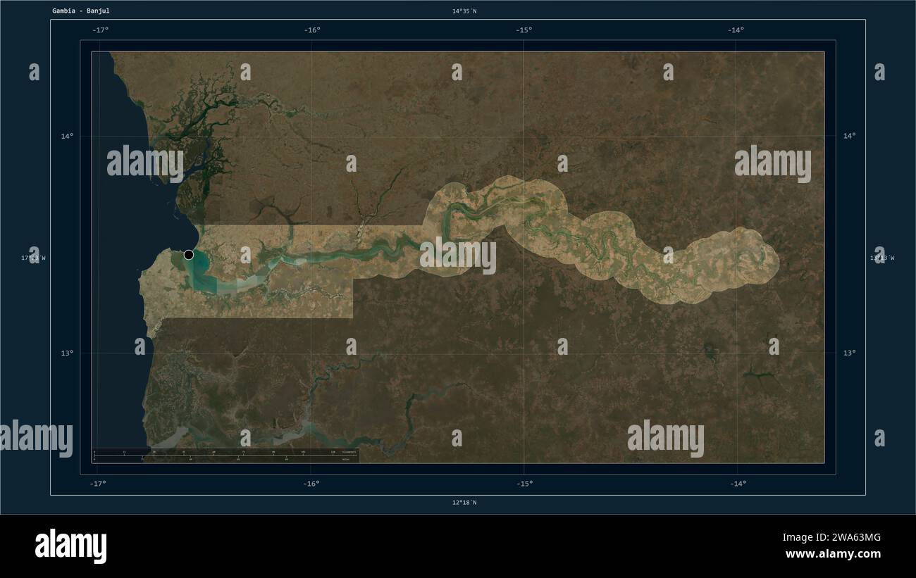 Gambia highlighted on a high resolution satellite map map with the country's capital point ...