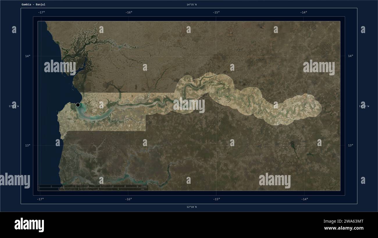 Gambia highlighted on a low resolution satellite map map with the ...