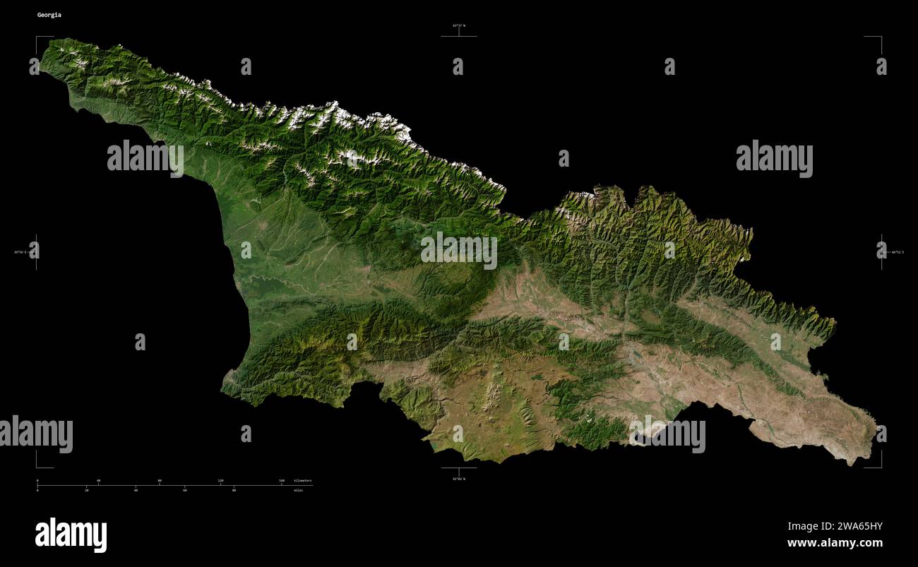 Shape of a low resolution satellite map of the Georgia, with distance ...