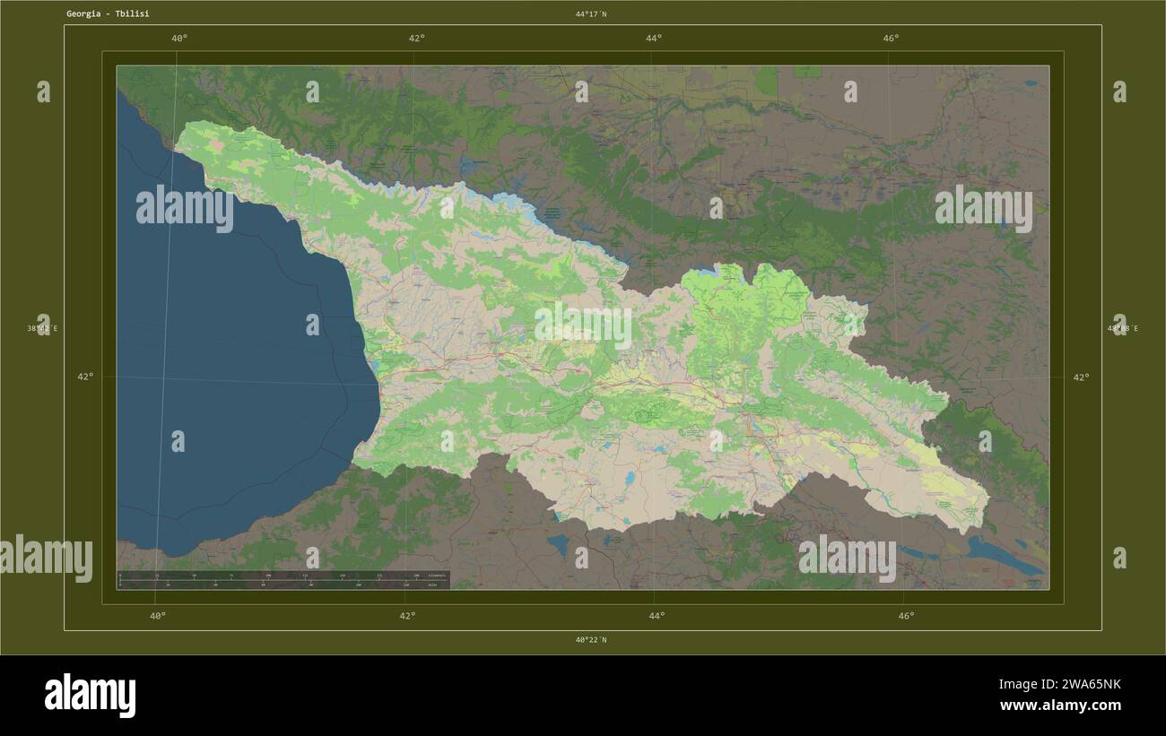 Georgia highlighted on a topographic, OSM standard style map map with ...