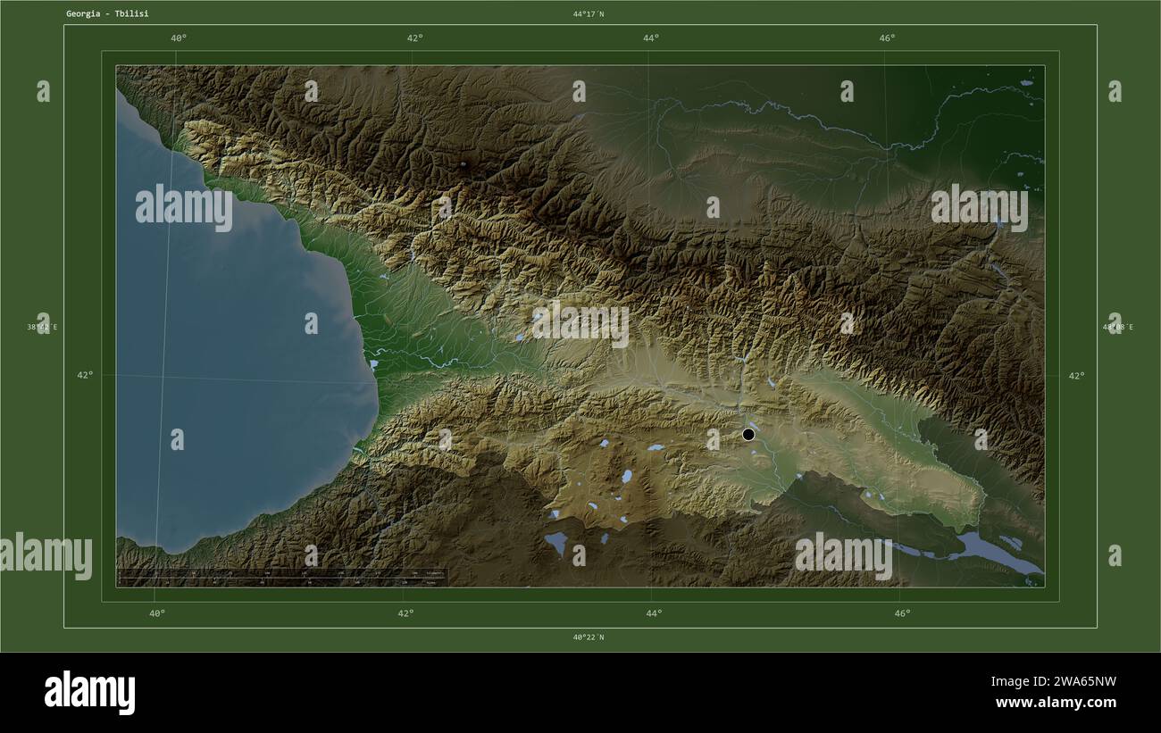 Georgia highlighted on a Pale colored elevation map with lakes and rivers map with the country's ...