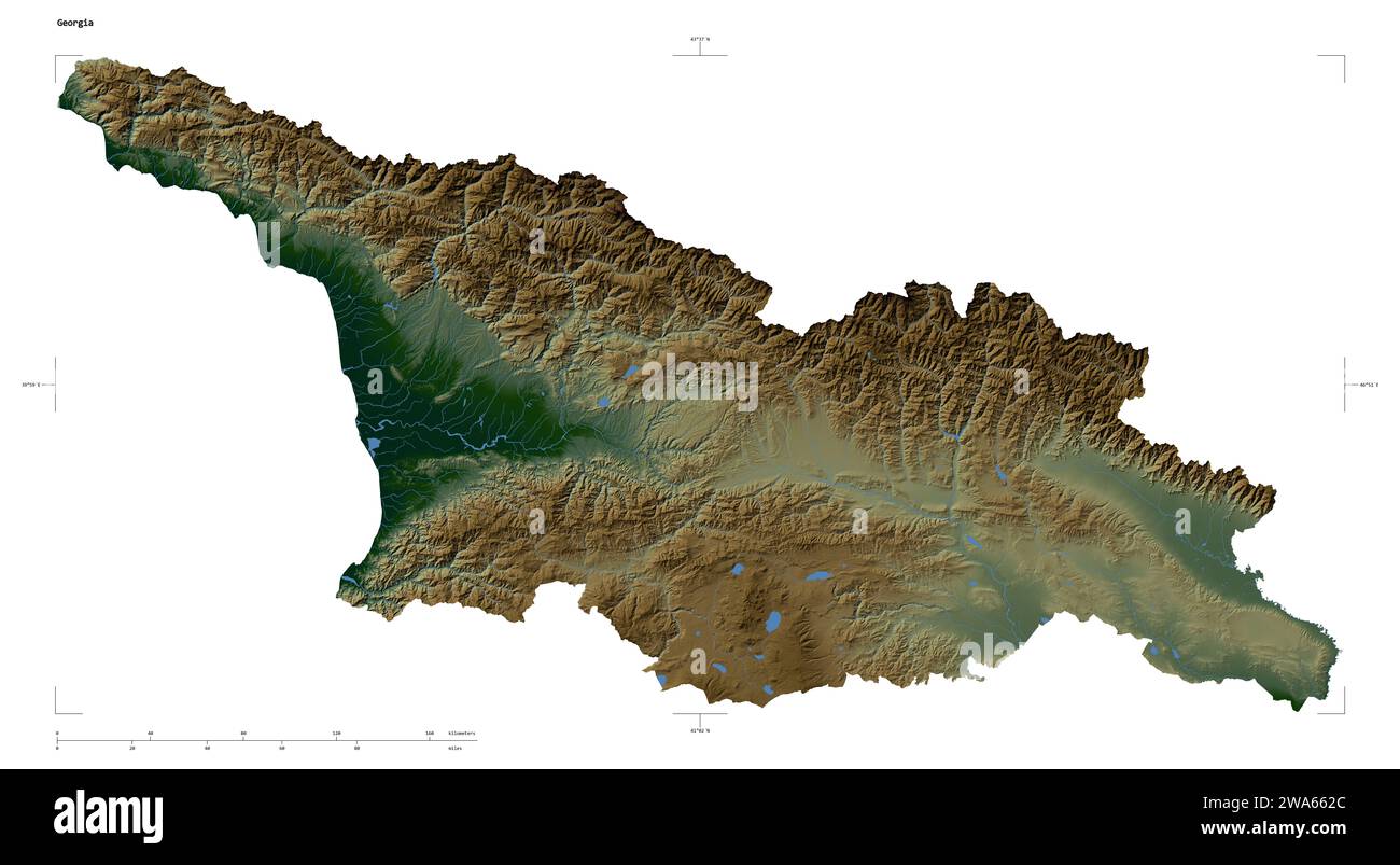 Shape of a Colored elevation map with lakes and rivers of the Georgia, with distance scale and ...