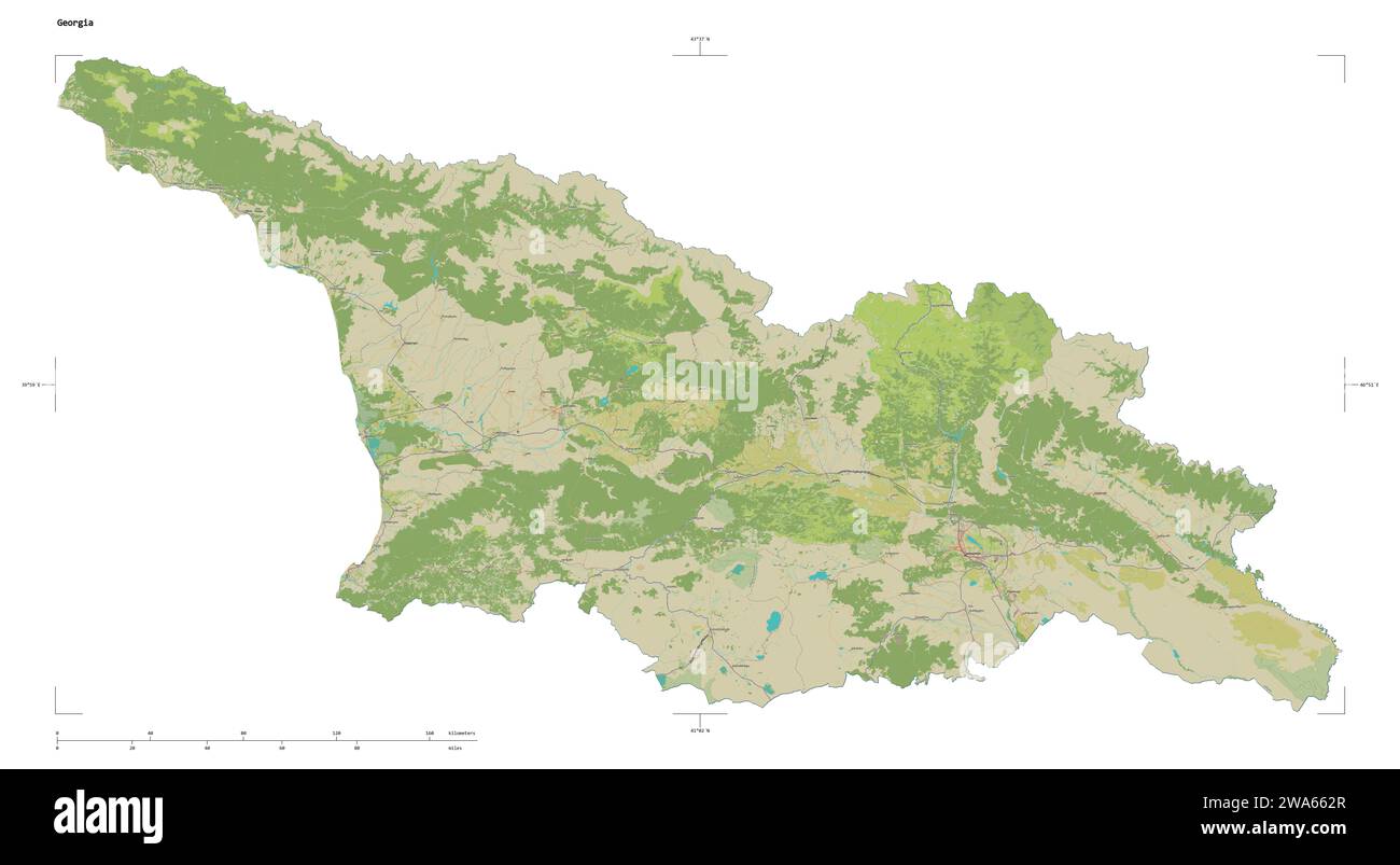 Shape of a topographic, OSM Humanitarian style map of the Georgia, with ...