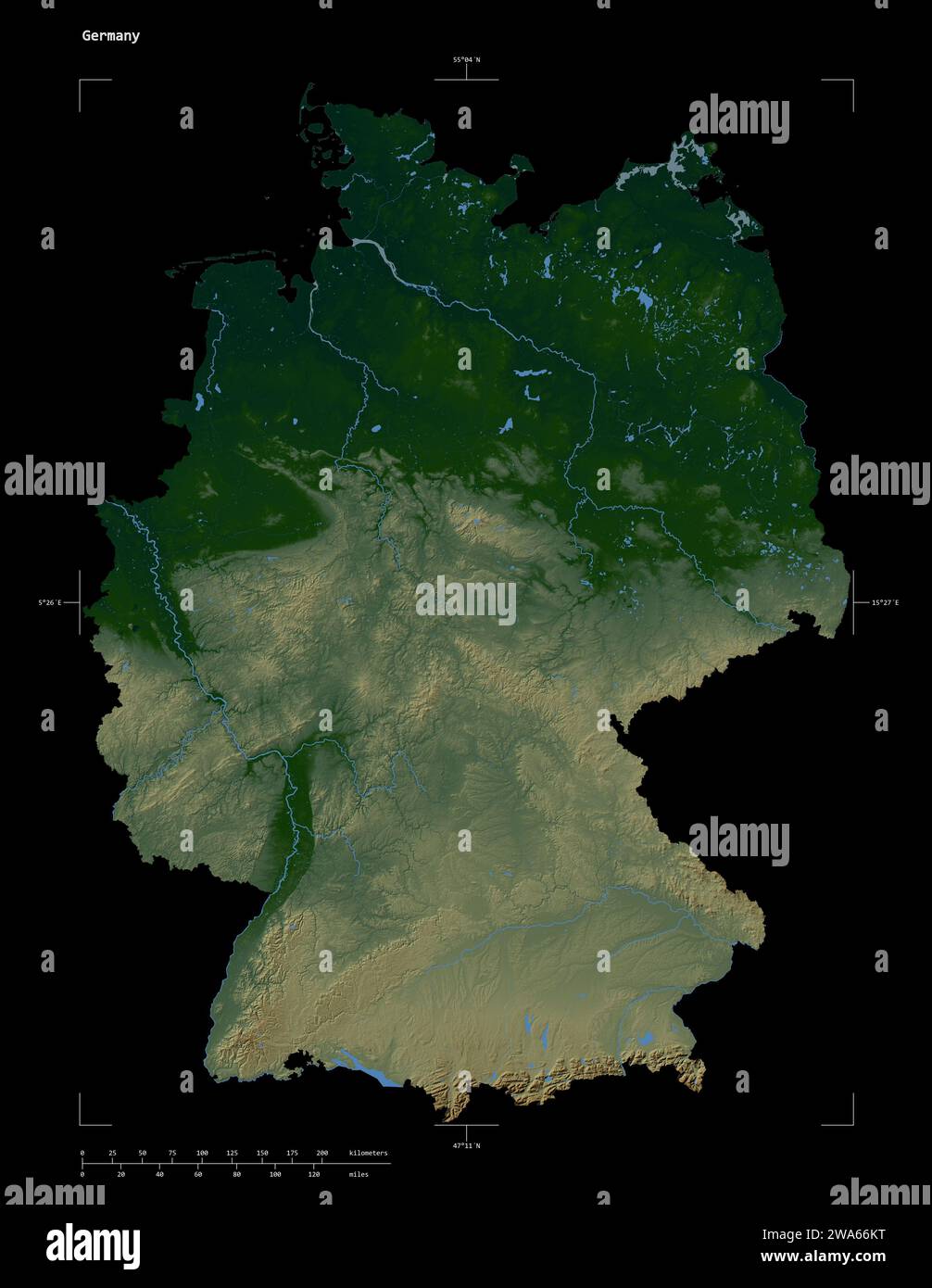 Shape of a Colored elevation map with lakes and rivers of the Germany ...