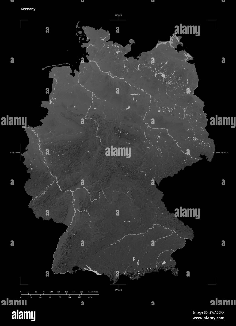 Shape of a Grayscale elevation map with lakes and rivers of the Germany ...