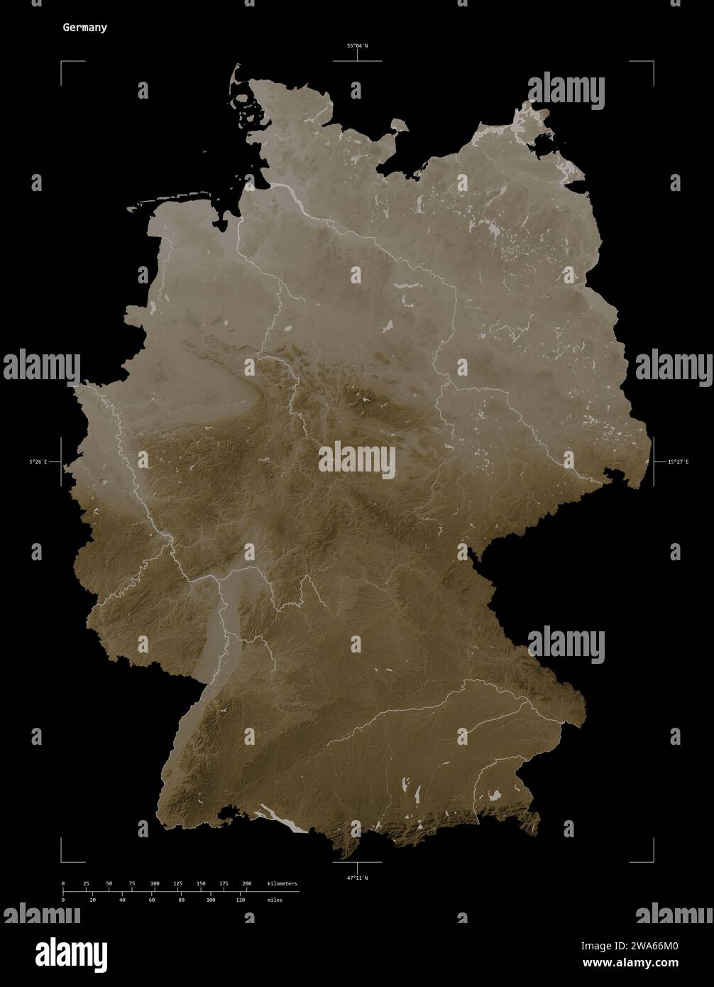 Shape of a elevation map colored in sepia tones with lakes and rivers ...