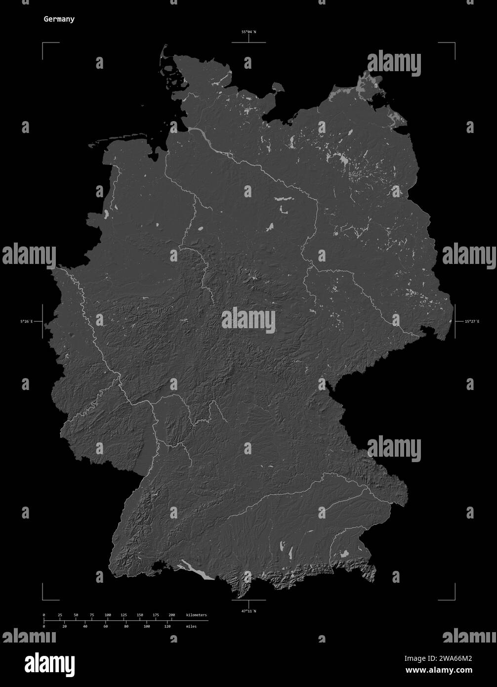 Shape of a Bilevel elevation map with lakes and rivers of the Germany, with distance scale and ...
