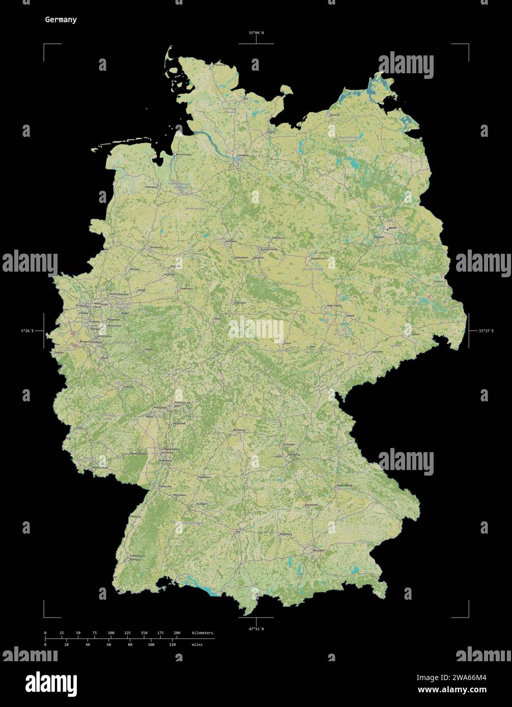 Shape of a topographic, OSM Humanitarian style map of the Germany, with ...