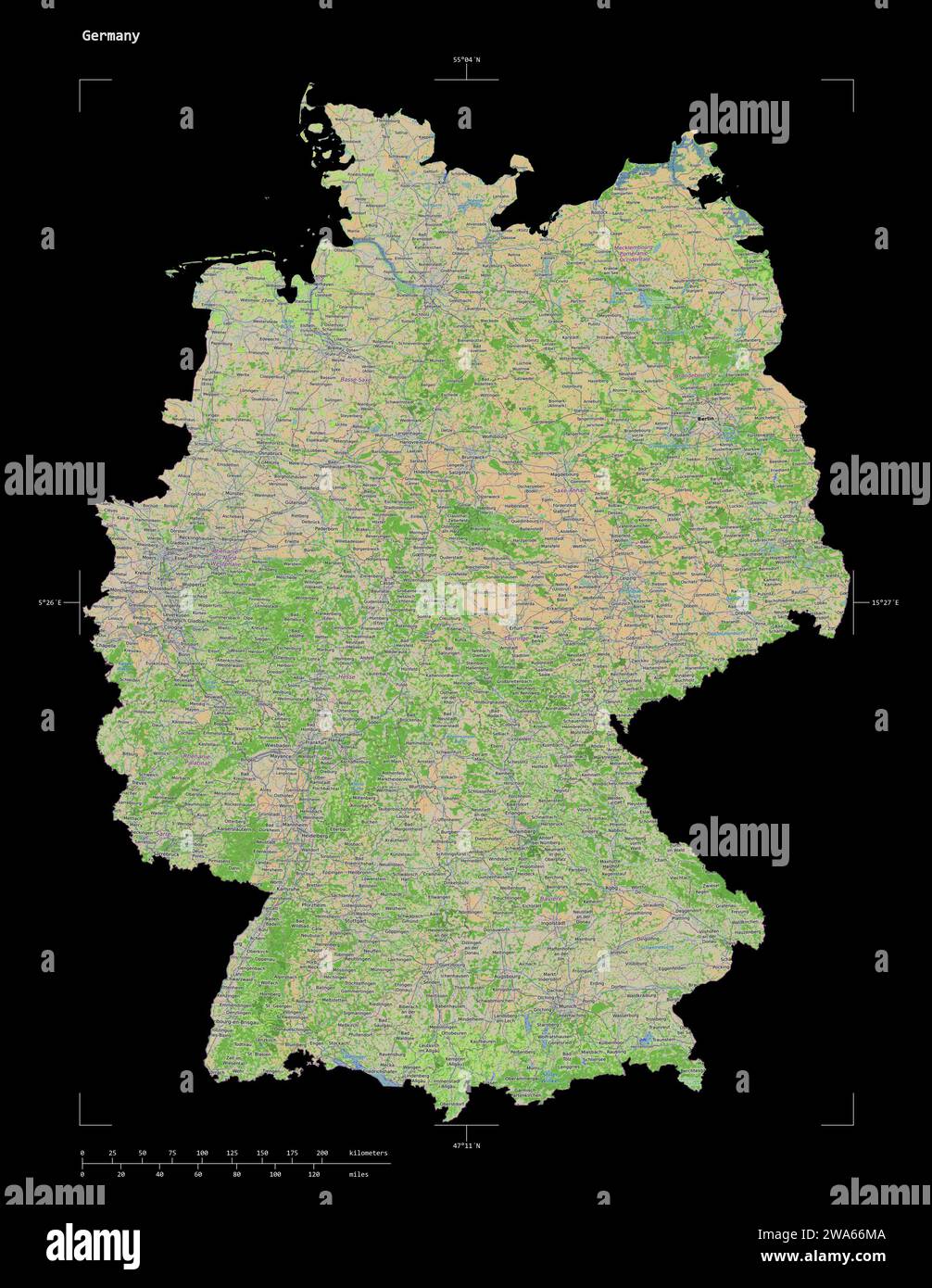 Shape of a topographic, OSM France style map of the Germany, with ...