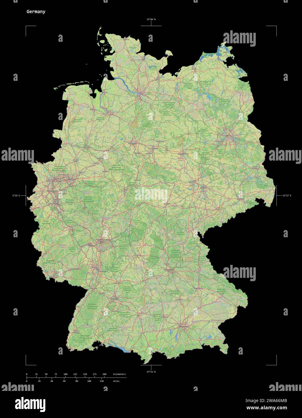 Shape of a topographic, OSM standard style map of the Germany, with distance scale and map ...