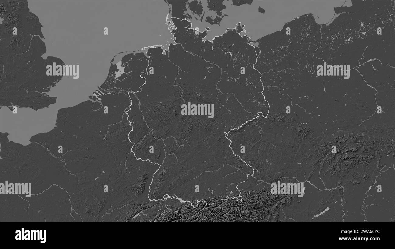 Germany outlined on a Bilevel elevation map with lakes and rivers Stock ...