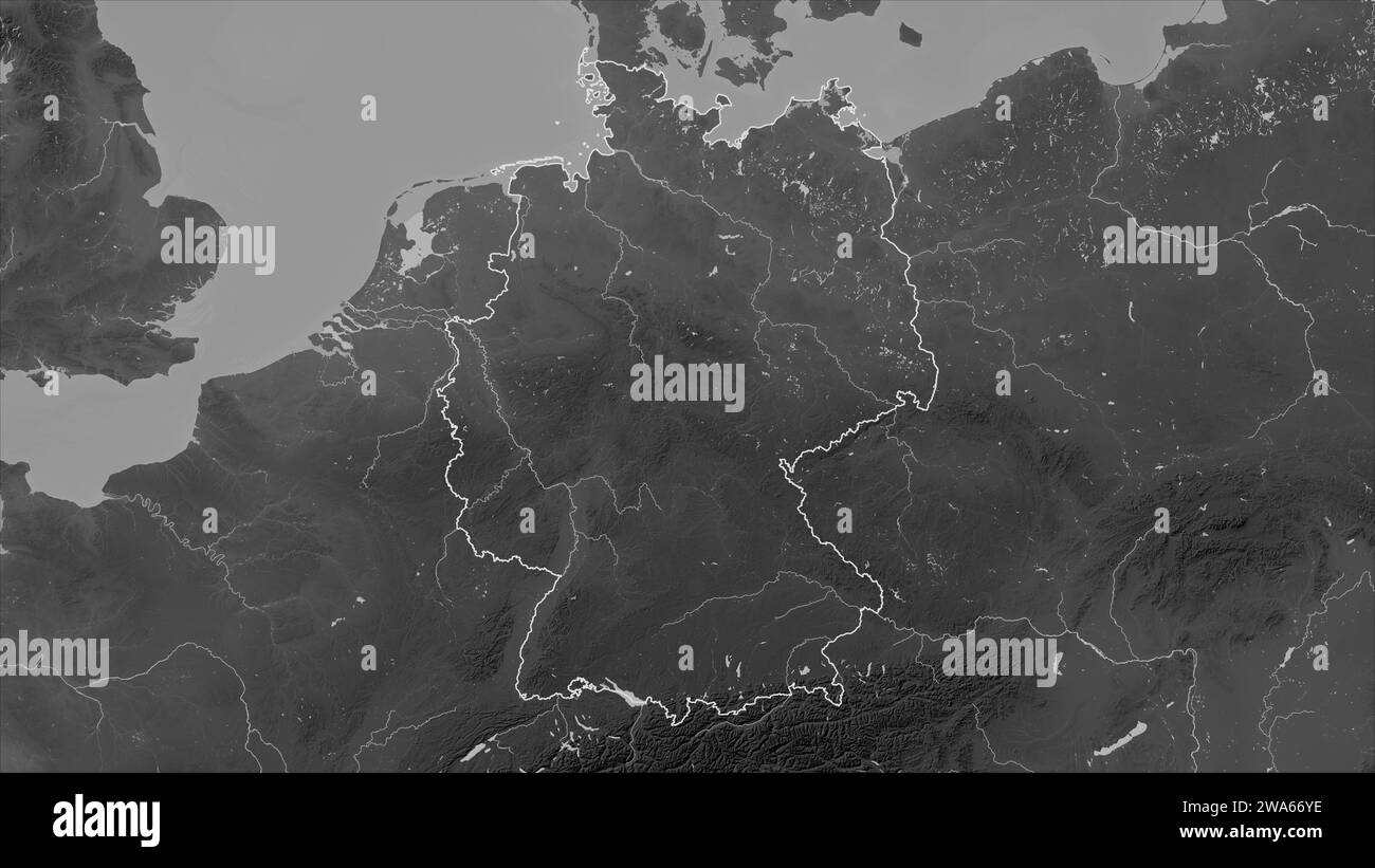 Germany outlined on a Grayscale elevation map with lakes and rivers ...