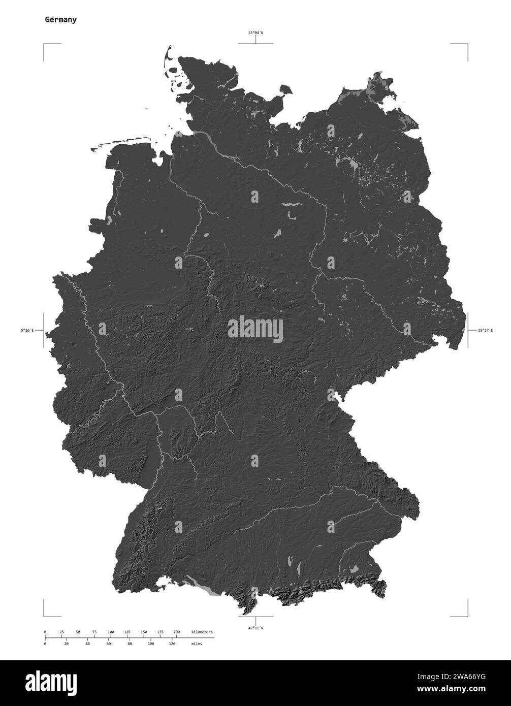 Shape of a Bilevel elevation map with lakes and rivers of the Germany, with distance scale and ...