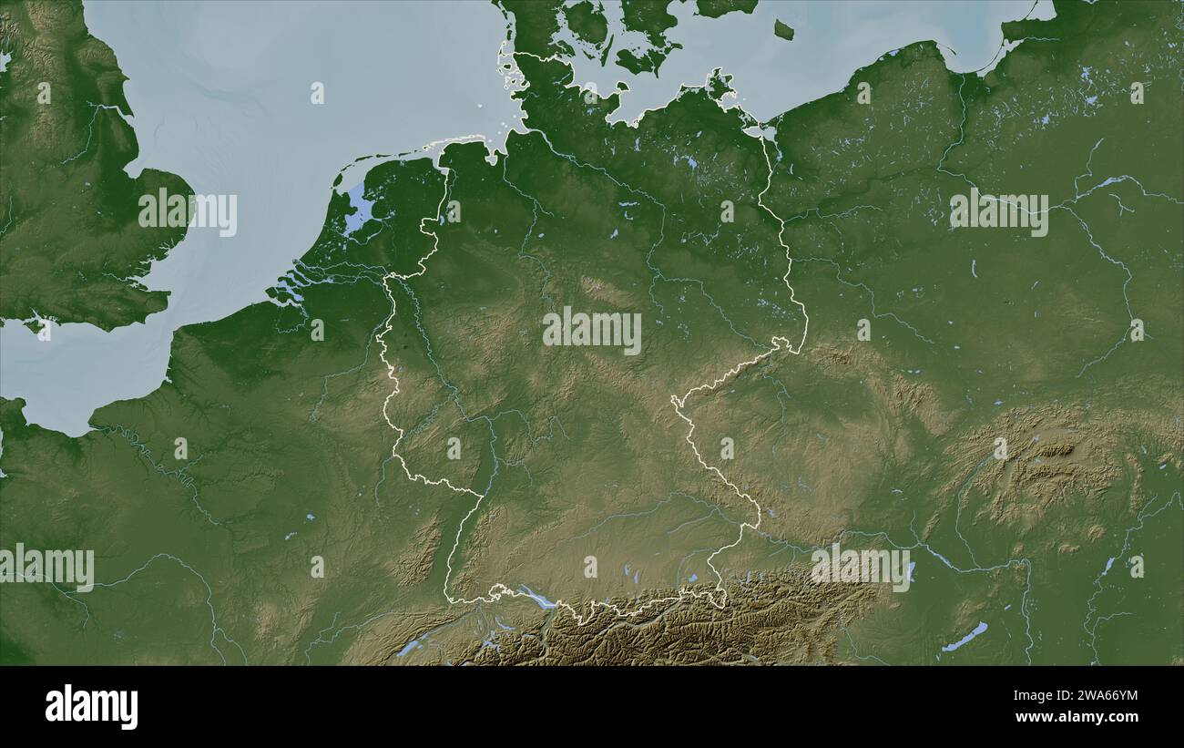 Germany outlined on a Pale colored elevation map with lakes and rivers ...